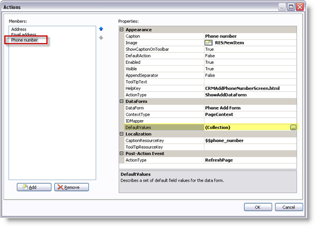 Adding an Add Form Default Value to an Action within a Page
