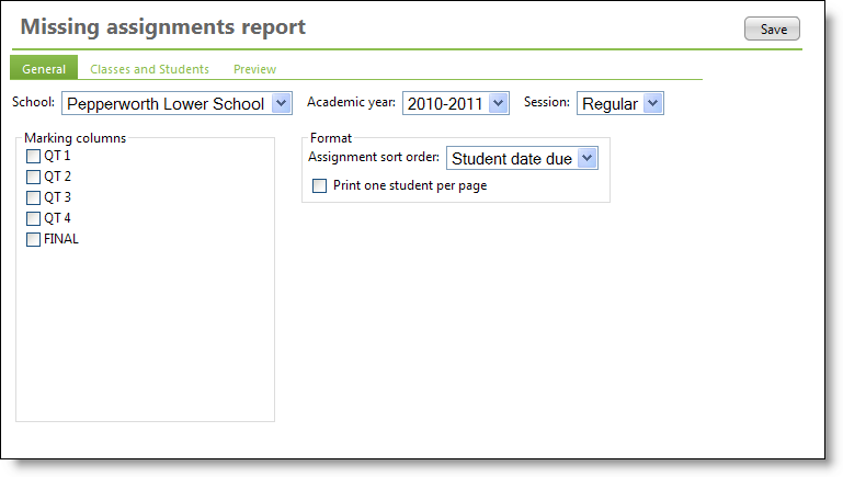 Missing Assignments Report