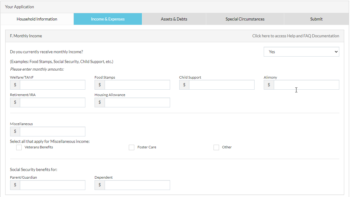 Application Section 2: Income & Expenses