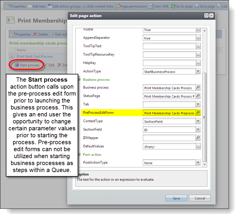 Configuring the Start Process Action Button with a Pre Process Edit ...