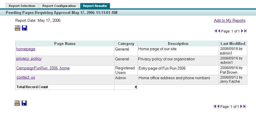 Sample Pending Pages Requiring Approval Report