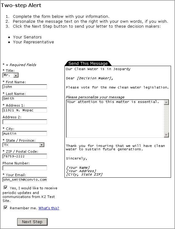 Complete an action alert as a Constituent