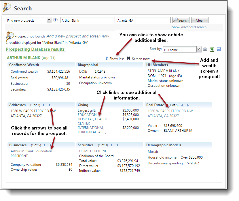 Prospecting Database Search Results Grid